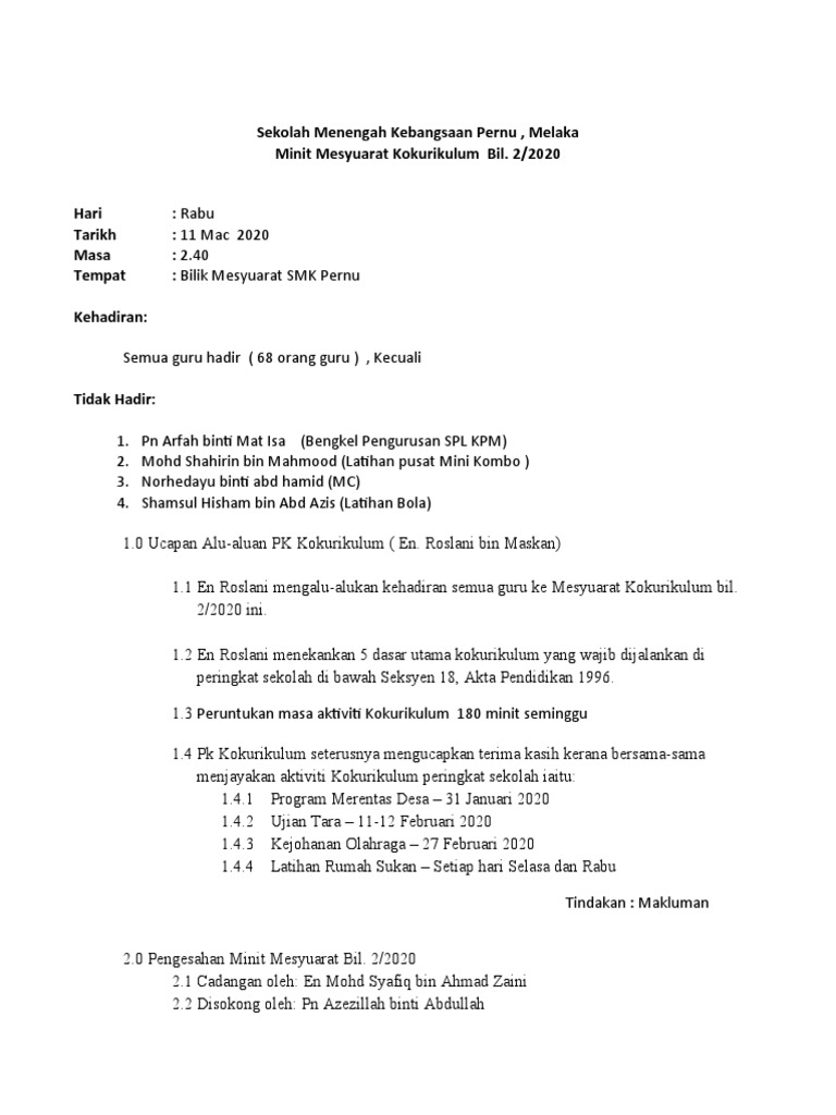 Minit Mesyuarat Kokurikulum Bil.1 2020 | PDF