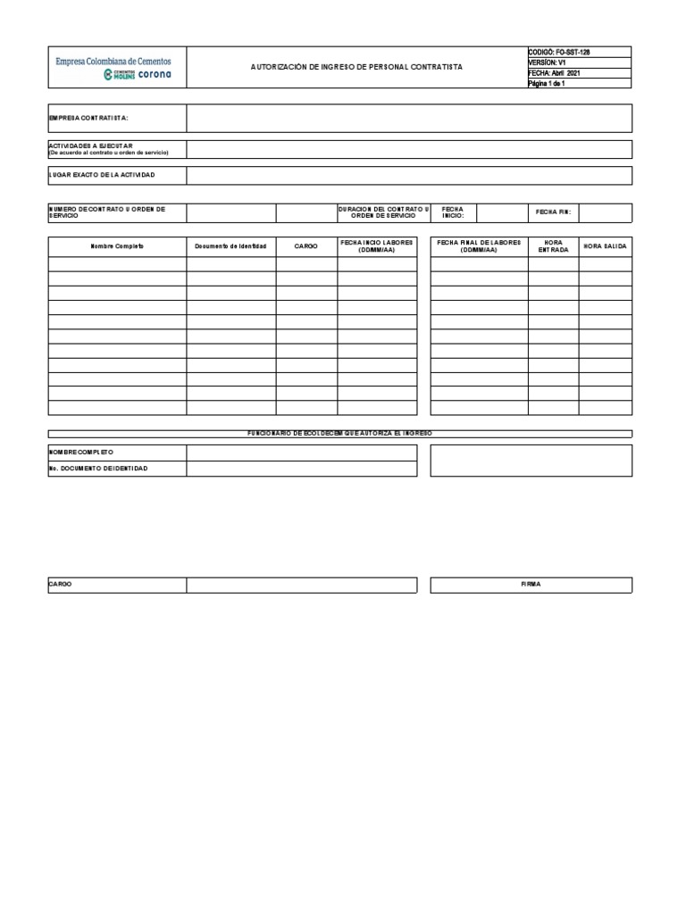 FO-SST-128 Autorizacion de Ingreso Personal Contratista | PDF