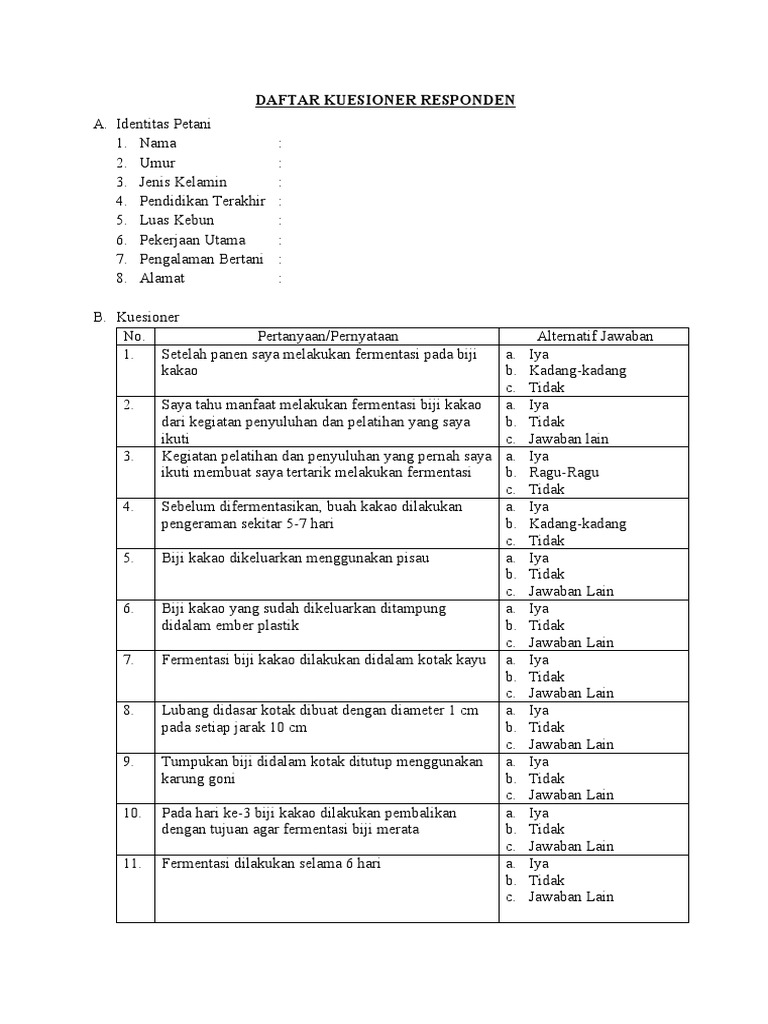 Daftar Kuesioner Responden Kakao | PDF