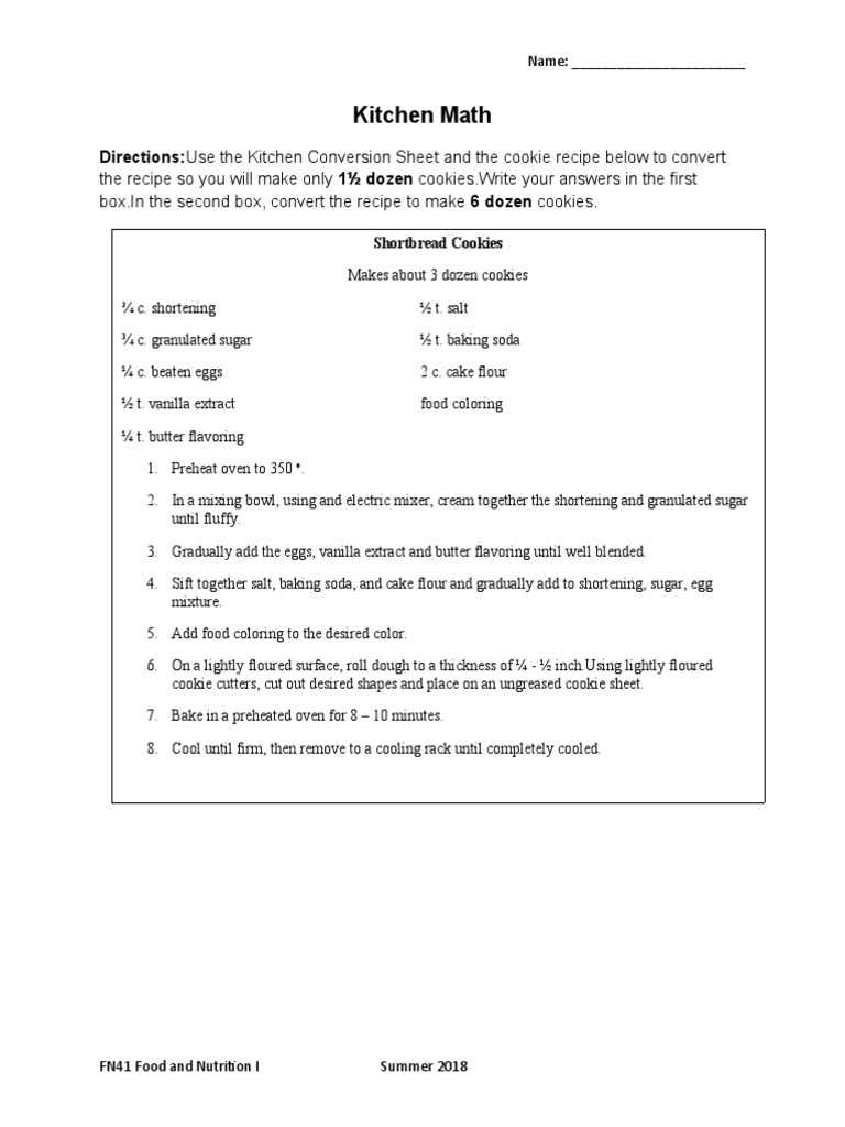 Kitchen Math: Directions:Use The Kitchen Conversion Sheet and The ...