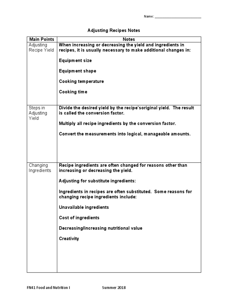 Foods 1 2.05.adjusting Recipes Notes | PDF | Finance & Money Management