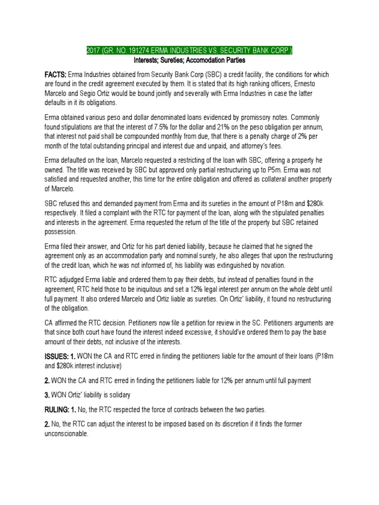 Erma Industries vs. Security Bank Case Summary | PDF | Surety | Interest