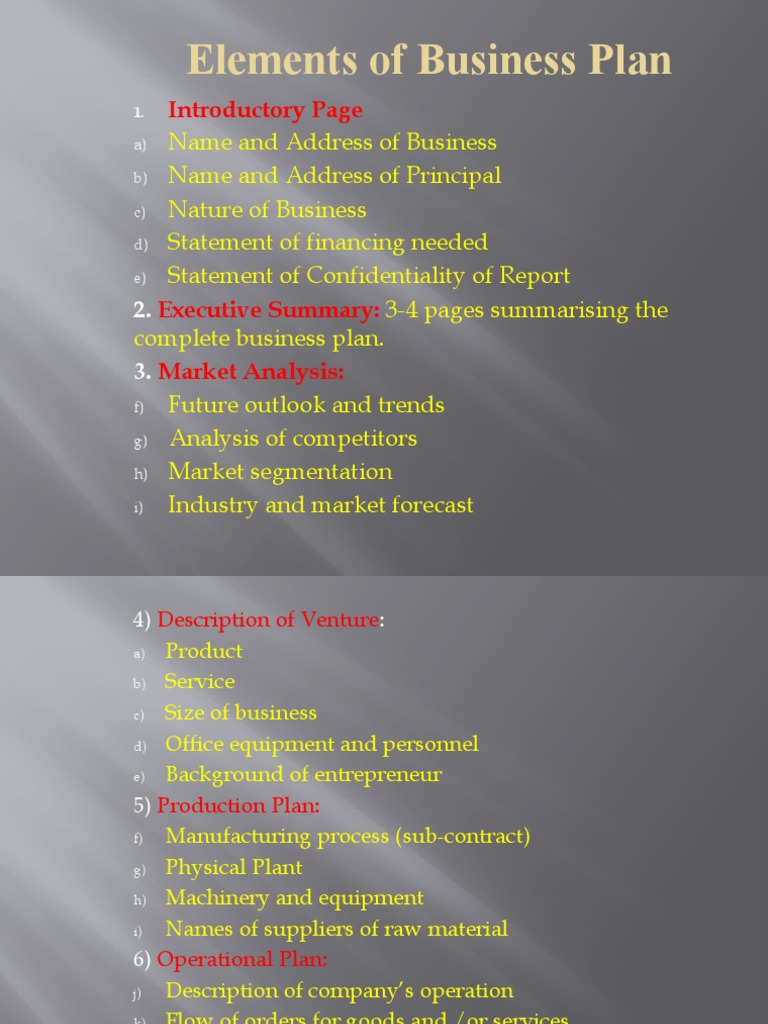 Elements of Business Plan: Introductory Page | PDF