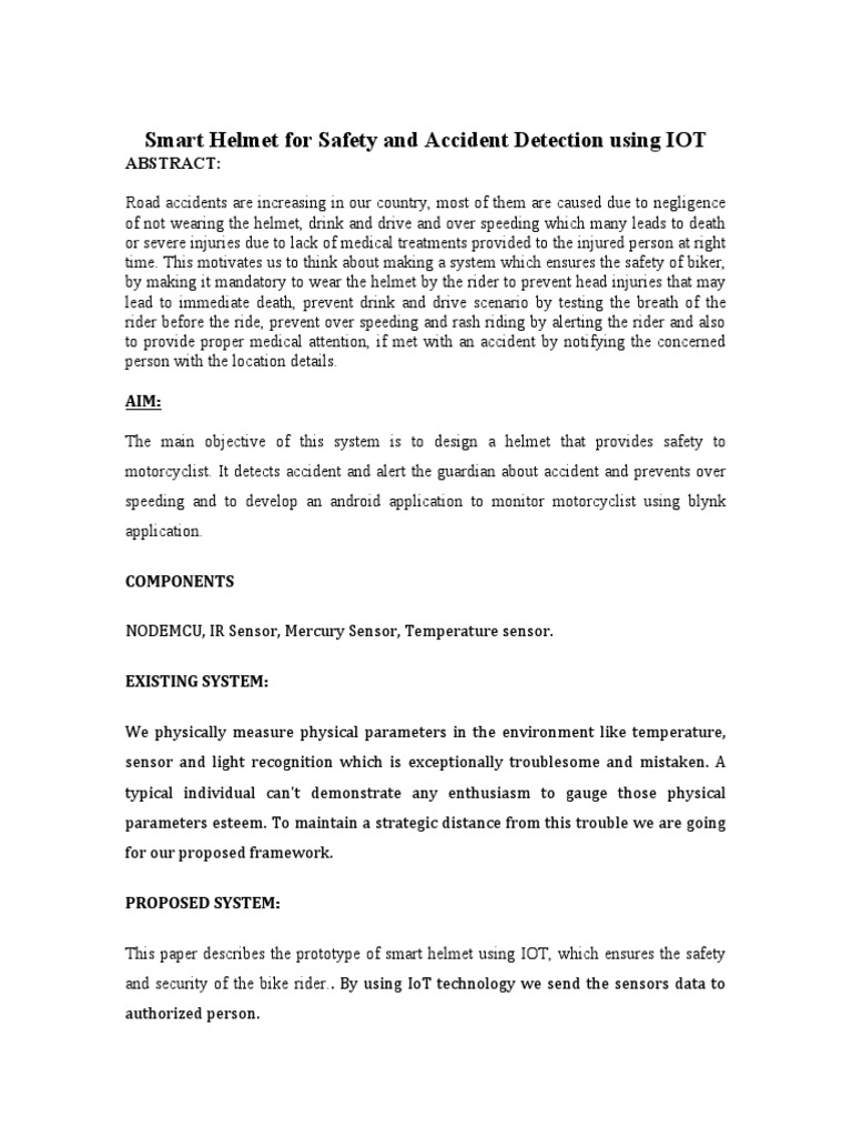 Smart Helmet For Safety and Accident Detection Using IOT | PDF ...