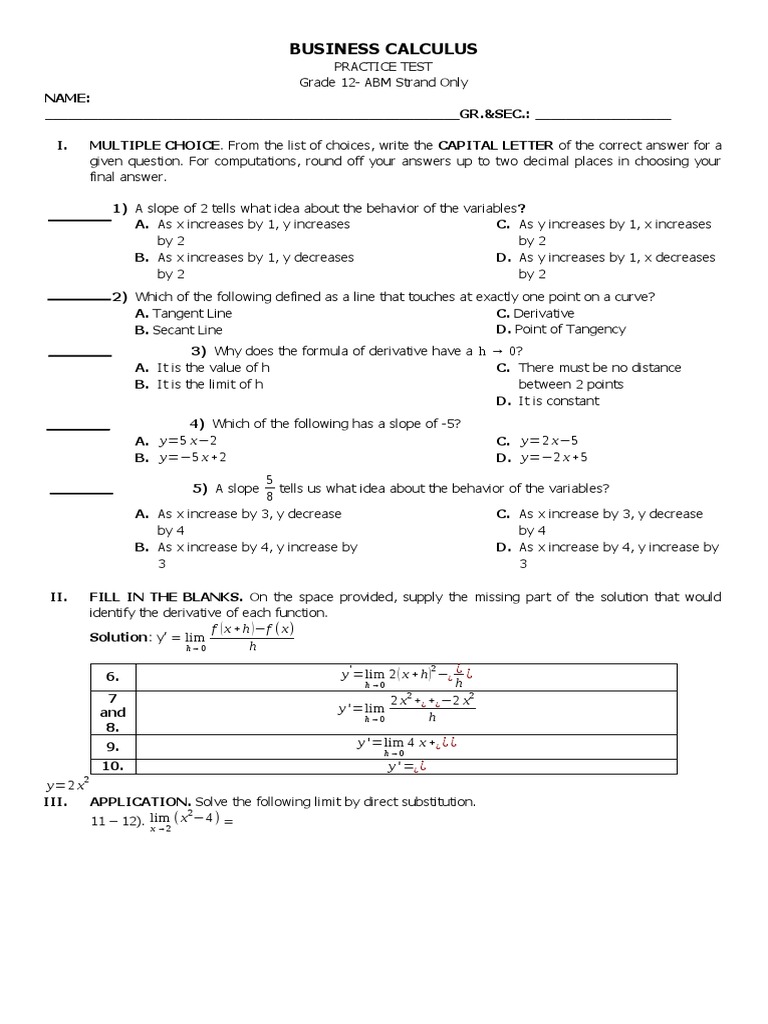 Practice Test Business Calculus | PDF | Slope | Tangent