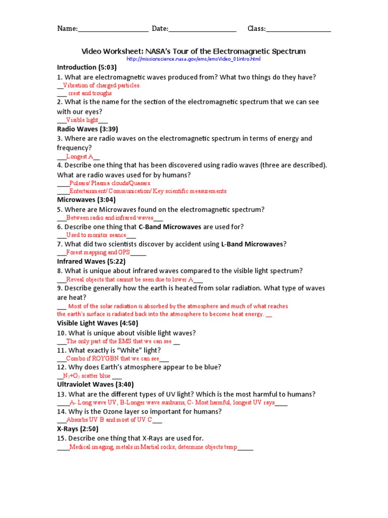 Exploring the Electromagnetic Spectrum: A Video Worksheet on NASA's ...