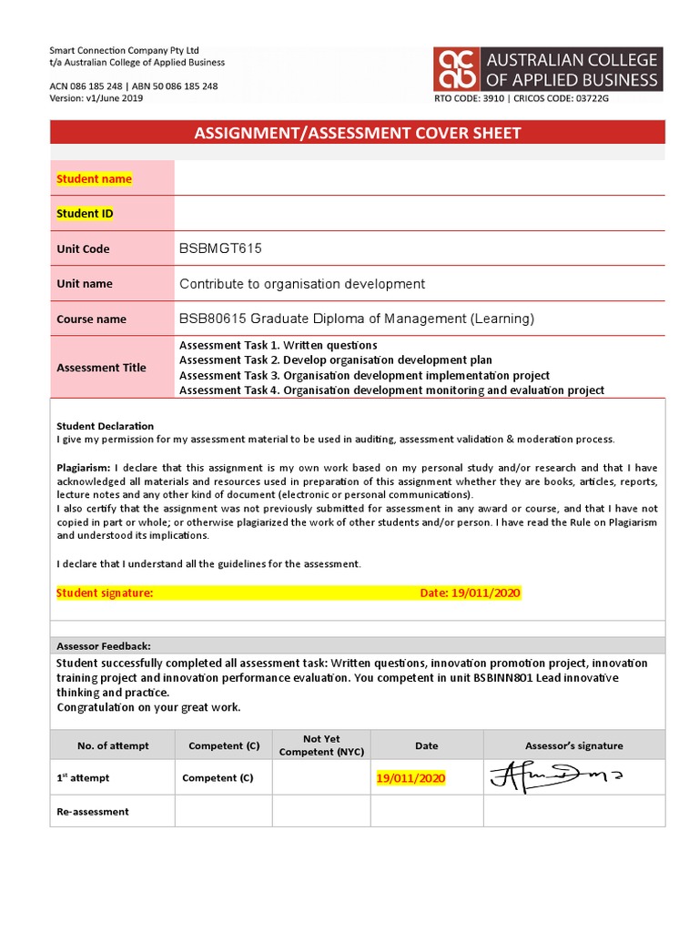 BSBMGT615 - Assessment Cover Sheet | PDF