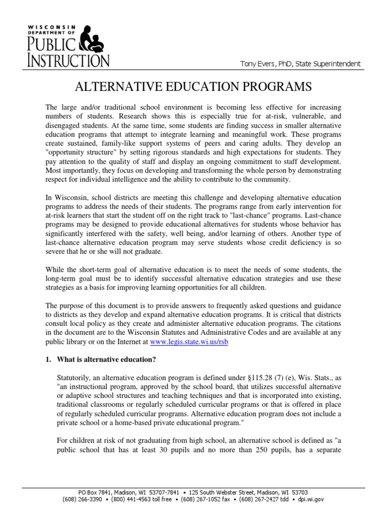 Alternative Education Programs: Tony Evers, PHD, State Superintendent ...