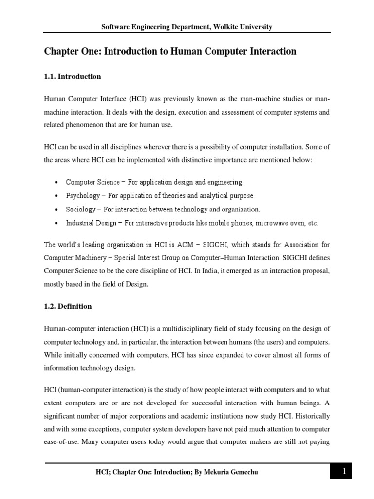 Chapter One: Introduction To Human Computer Interaction: Software Engineering Department ...