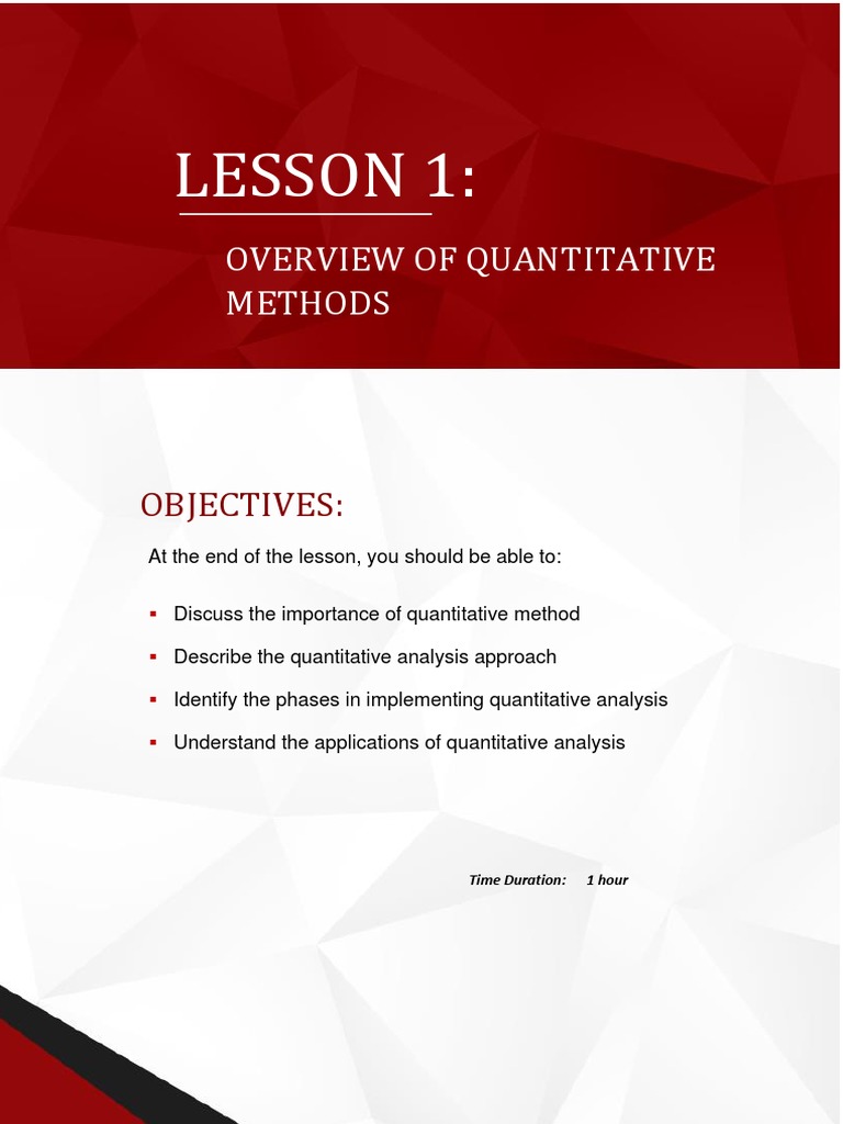 Lesson 1:: Overview of Quantitative Methods | PDF | Quantitative Research | Mathematical ...