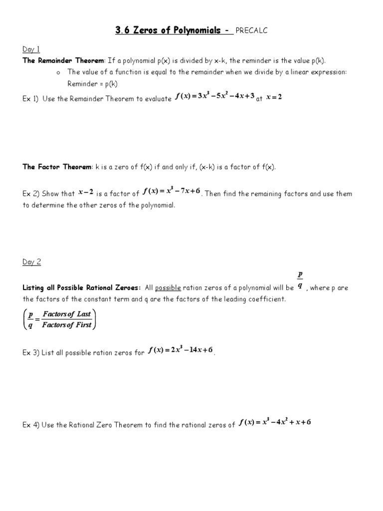 3.6 Zeros of Polynomials - Student Notes | PDF | Teaching Methods ...