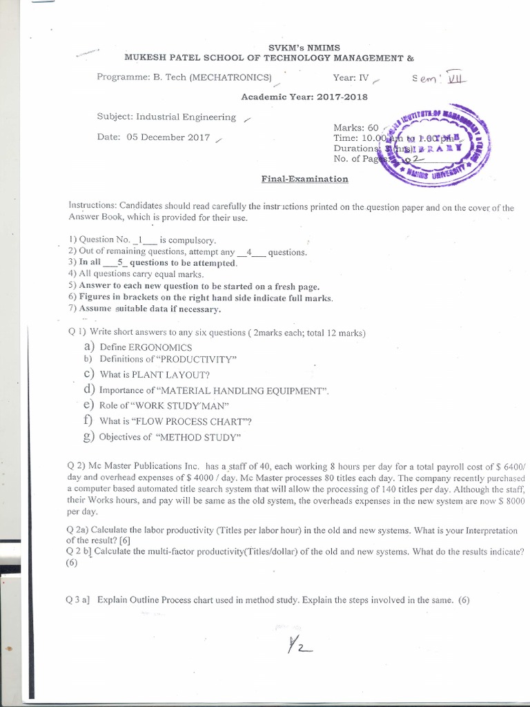 Industrial Engineering (Mechatronics), Final Exam | PDF
