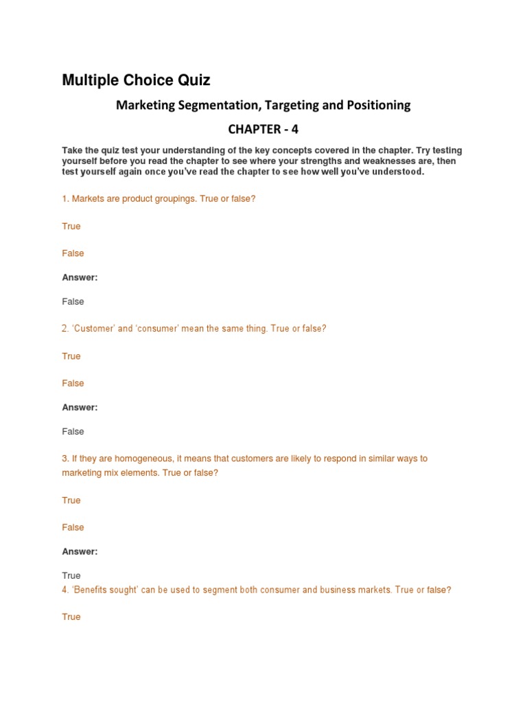 Multiple Choice Quiz: Marketing Segmentation, Targeting and Positioning ...