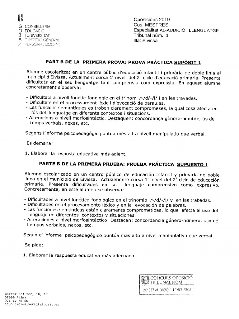 Supòsit Pràctic Audició I Llenguatge Eivissa | PDF