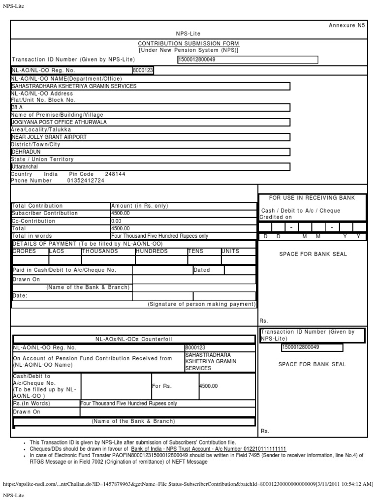 NPS-Lite Contribution Form Guide | PDF | Cheque | Rupee
