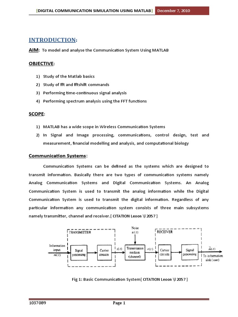 Aim Objective Digital Communication Simulation Using Matlab Pdf