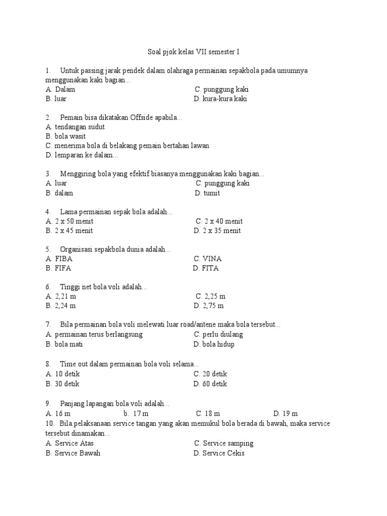 Soal Pjok Kelas VII Semester I 1-12-2020 | PDF