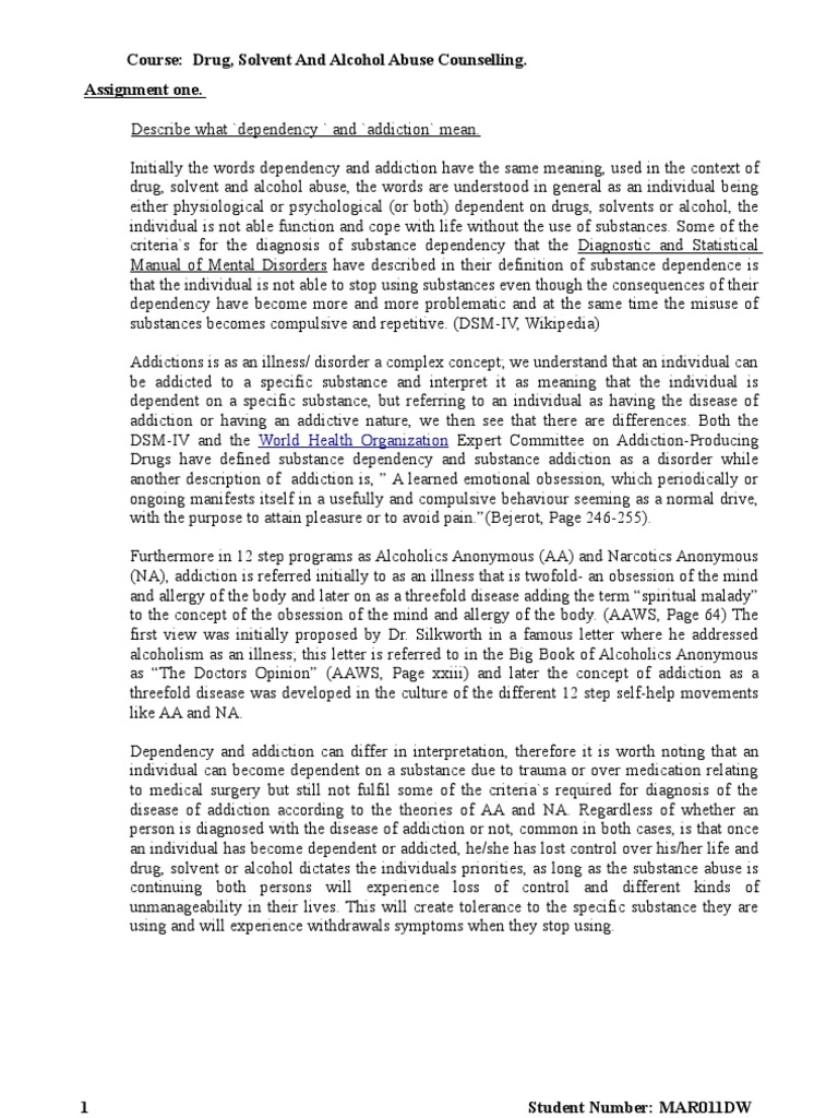 Drug, Solvent and Alcohol Abuse Counselling. Assignment 1.student ...