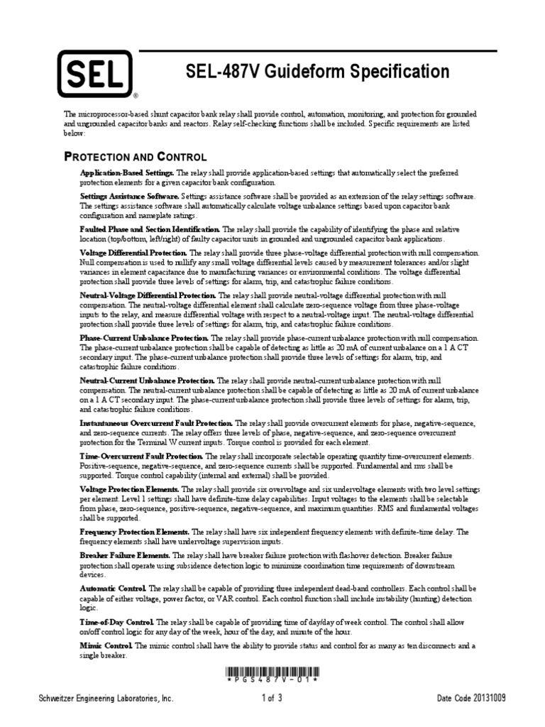SEL-487V Guideform Specification: Rotection and Ontrol | PDF | Relay ...