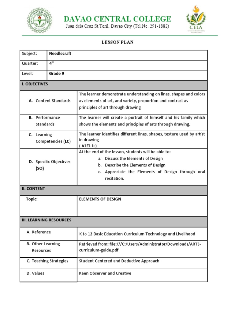 Davao Central College: Lesson Plan Needlecraft 4 Grade 9 I. Objectives ...