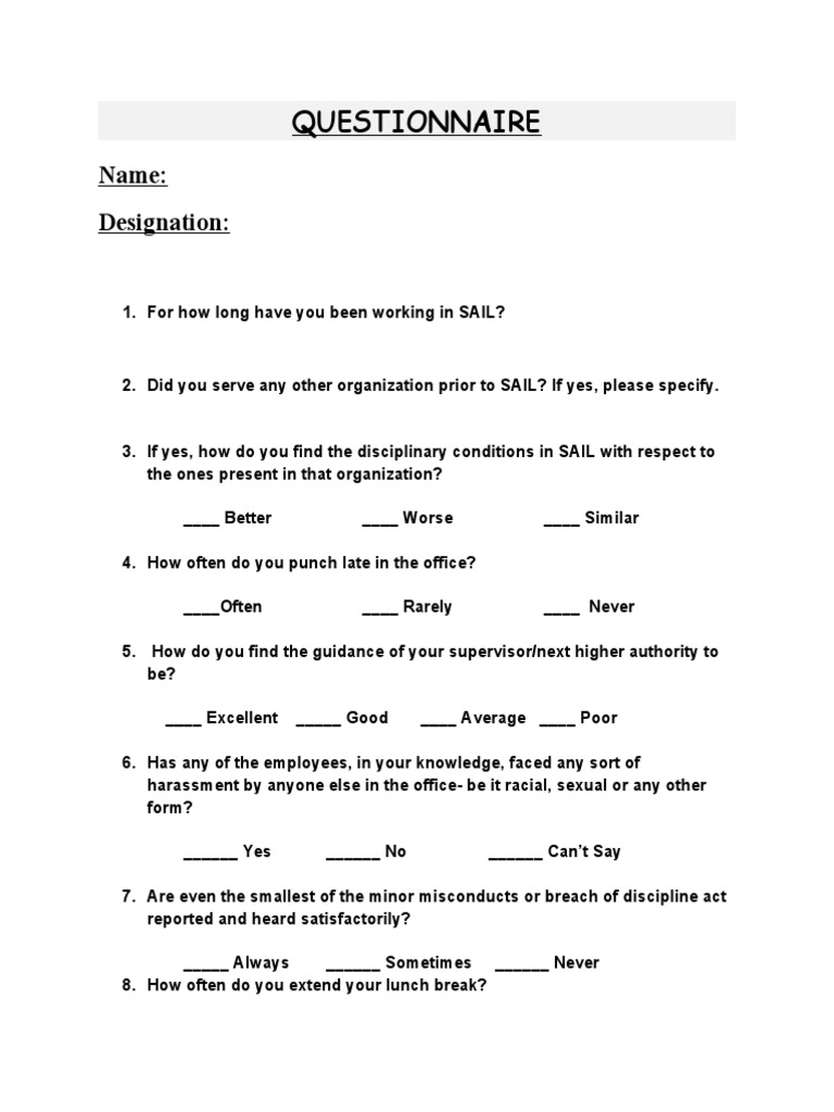 Questionnaire | PDF | Psychological Concepts | Behavioural Sciences
