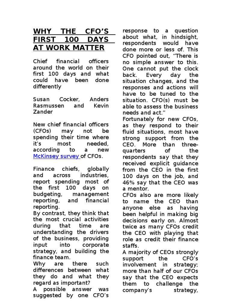 WHY THE CFOs FIRST 100 DAYS AT WORK MATTER | PDF | Chief Financial Officer | Mentorship