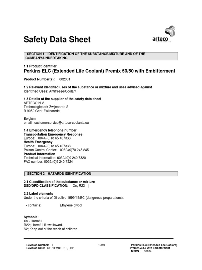Safety Data Sheet for Perkins ELC Extended Life Coolant Premix 50/50 ...