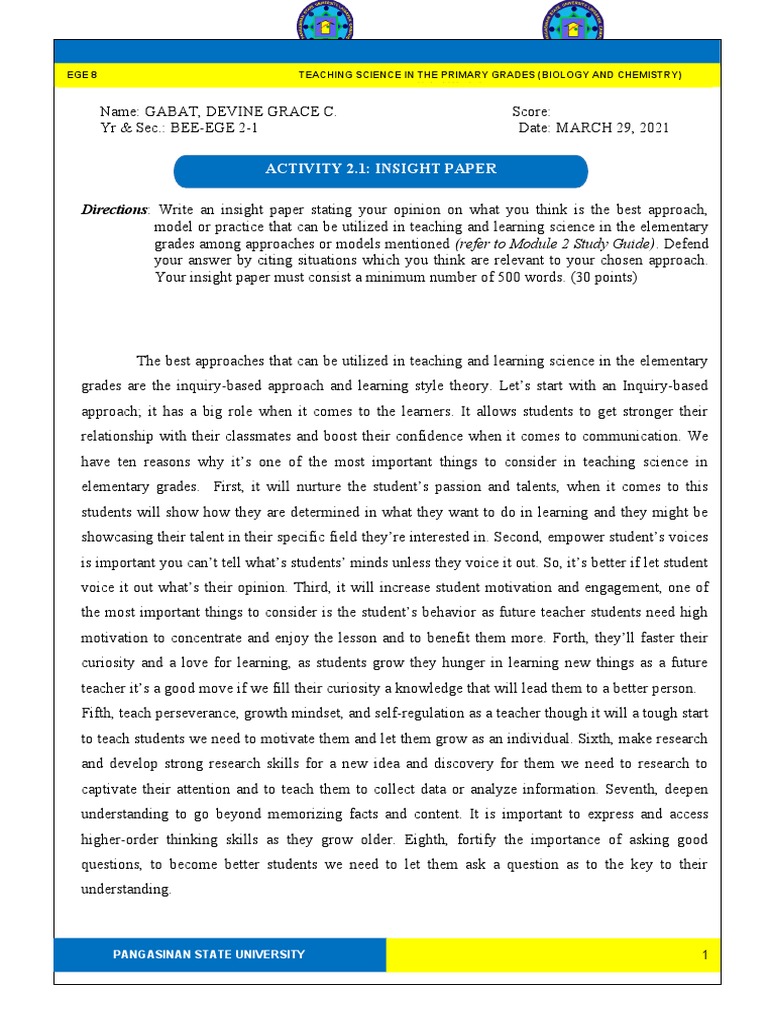 Directions: Write An Insight Paper Stating Your Opinion On What You ...