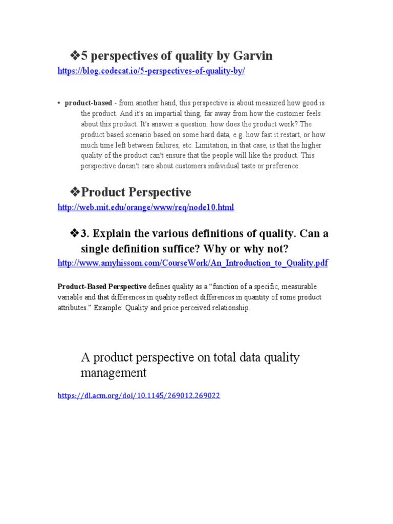 5 Perspectives of Quality by Garvin: A Product Perspective On Total ...