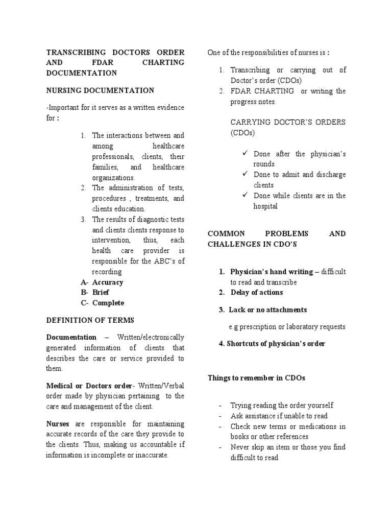 Transcribing Doctors Order | PDF | Nursing | Patient