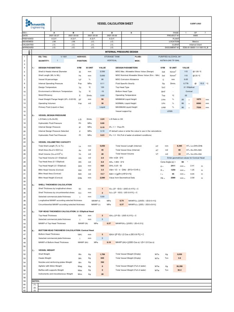 Vessel Calculation Sheet: Internal Pressure Design | PDF | Volume ...