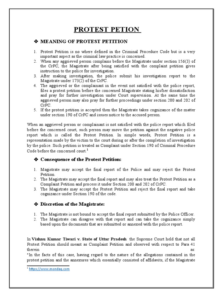 PROTEST PETION - CRPC | PDF | Complaint | Legal Procedure