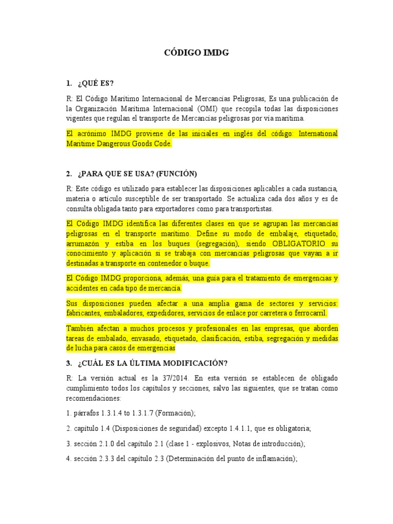 Código IMDG: Guía de Mercancías Peligrosas | PDF | Transporte | Canal y ...