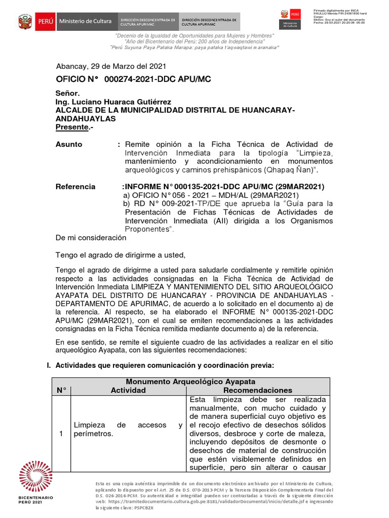 Oficio N 000274 2021 DDC Apu MC 29 Marzo Huancaray | PDF | Science ...
