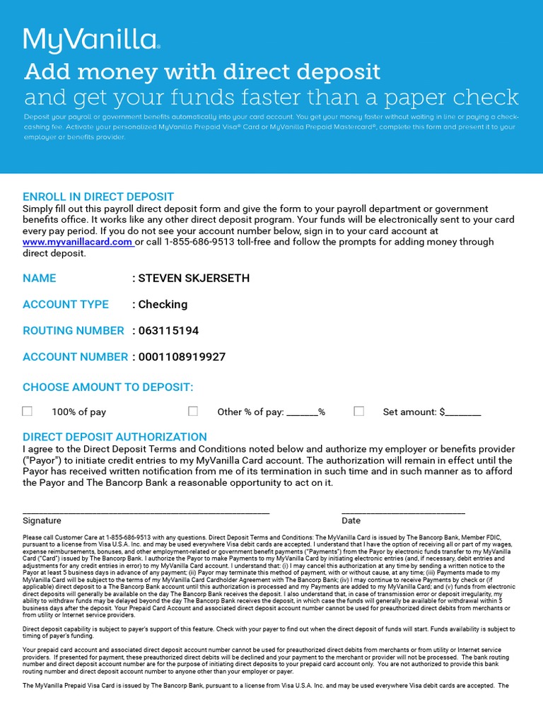 Direct Deposit Form | PDF | Payments | Debit Card