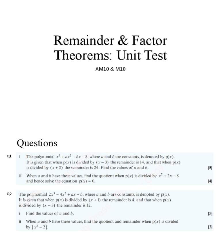 M10 Remainder & Factor Theorems (Unit Test) | PDF