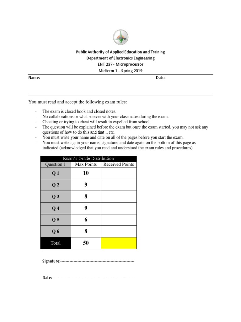 Microprocessor Midterm Exam Spring 2019 | PDF | Assembly Language | Integrated Circuit
