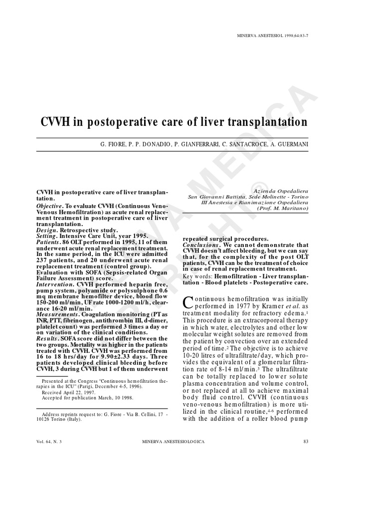 CVVH Nel Post Operatorio Del Trapianto Di Fegato | PDF | Hemodialysis ...