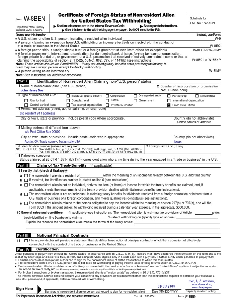W 8 Ben | PDF | Irs Tax Forms | Withholding Tax