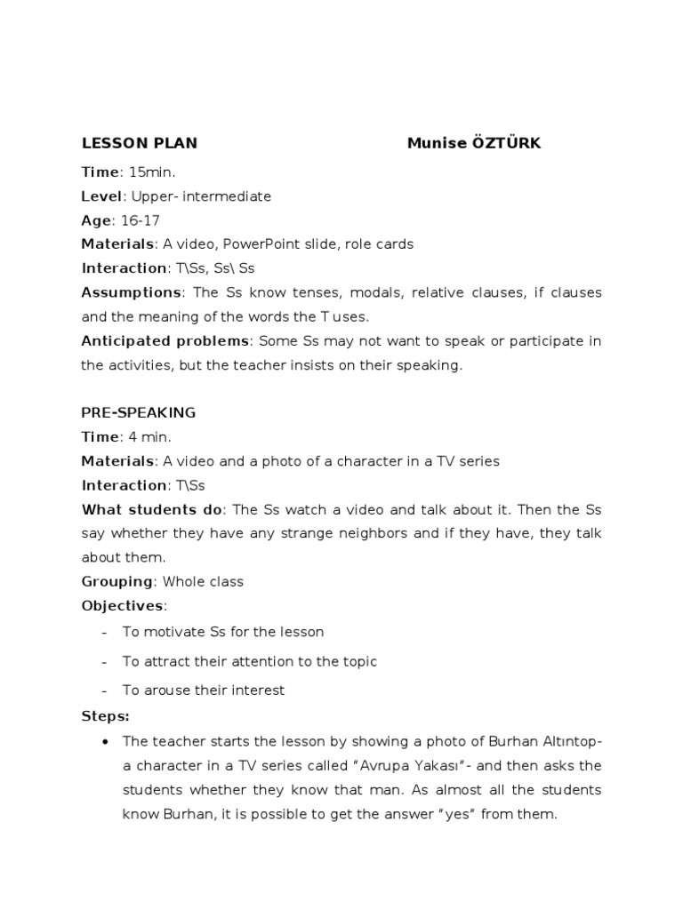 Intermediate Speaking Lesson Plan | PDF