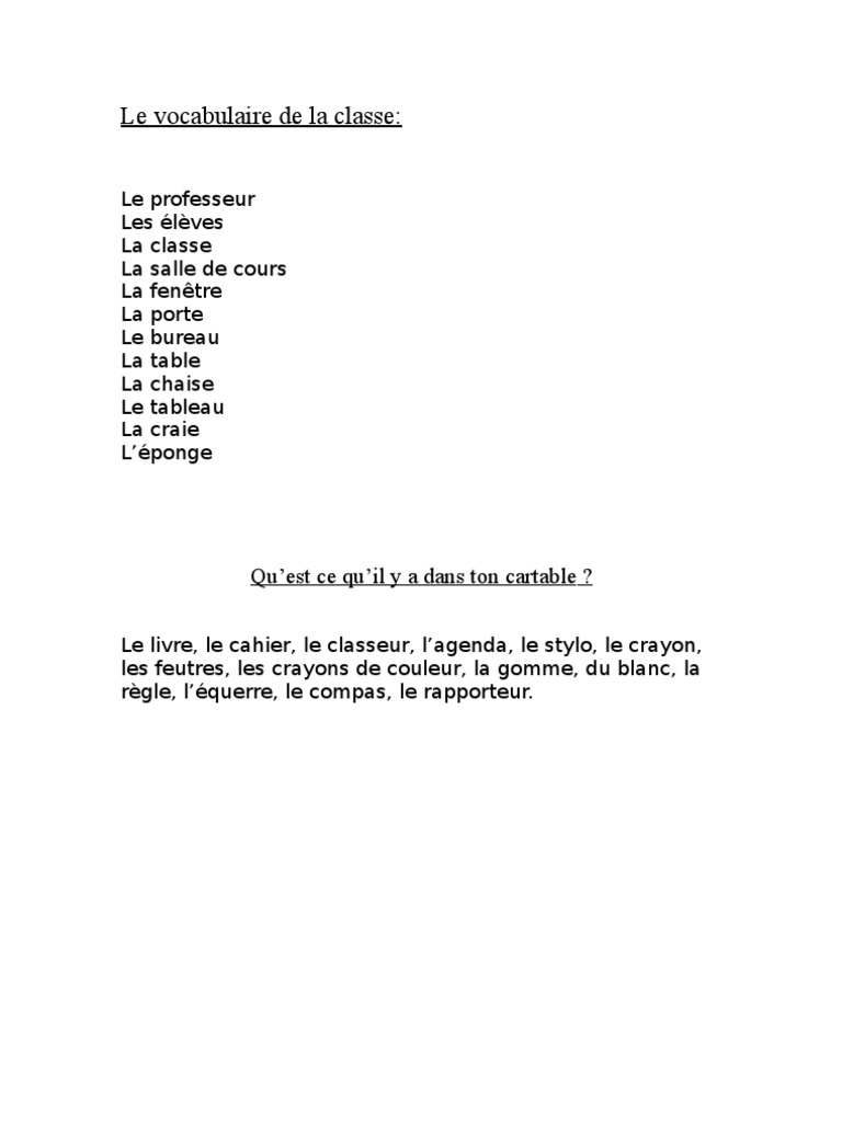 Le Vocabulaire de La Classe | PDF