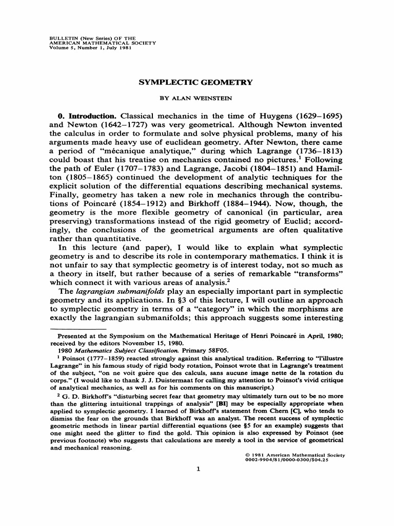 Symplectic Geometry: Bulletin (New Series) of The American Mathematical ...