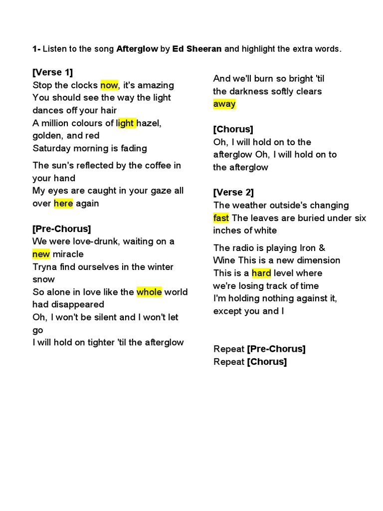 Afterglow Lyrics by Ed Sheeran | PDF