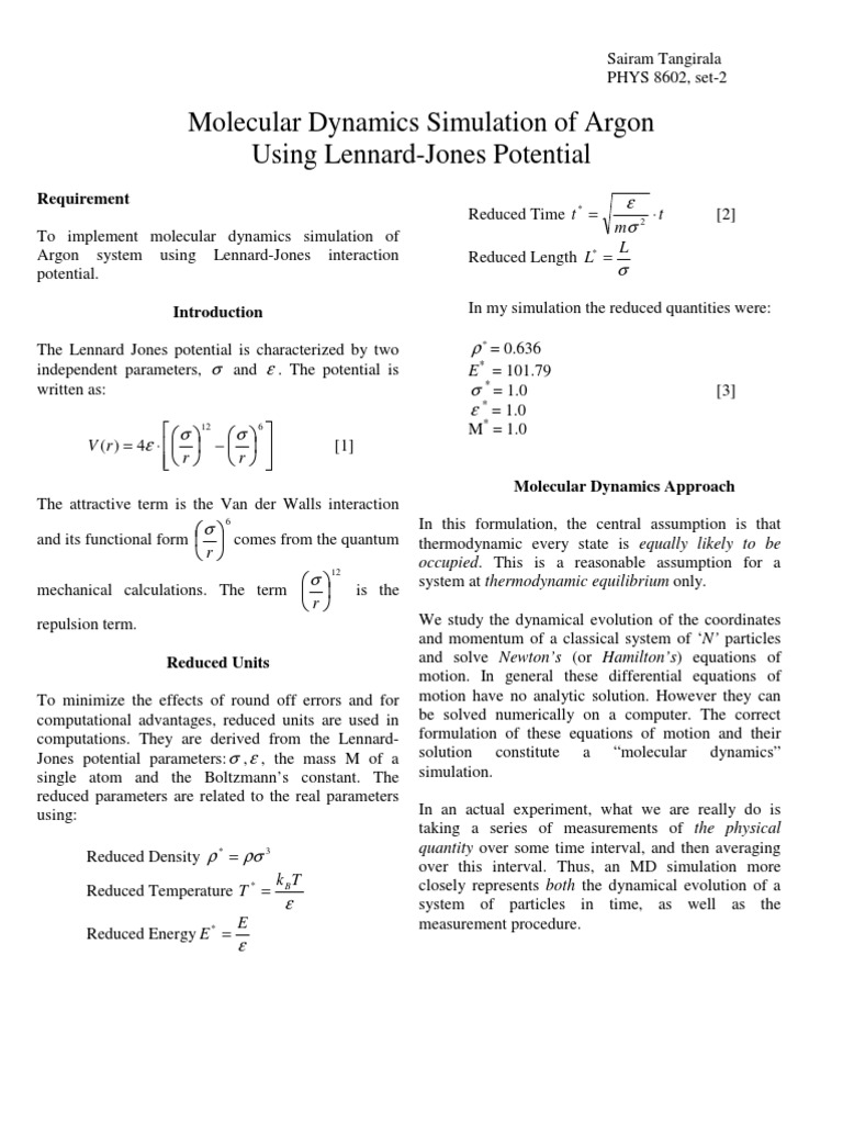 Molecular Dynamics Simulation Of Argon Using Lennard Jones Potential Pdf Molecular Dynamics