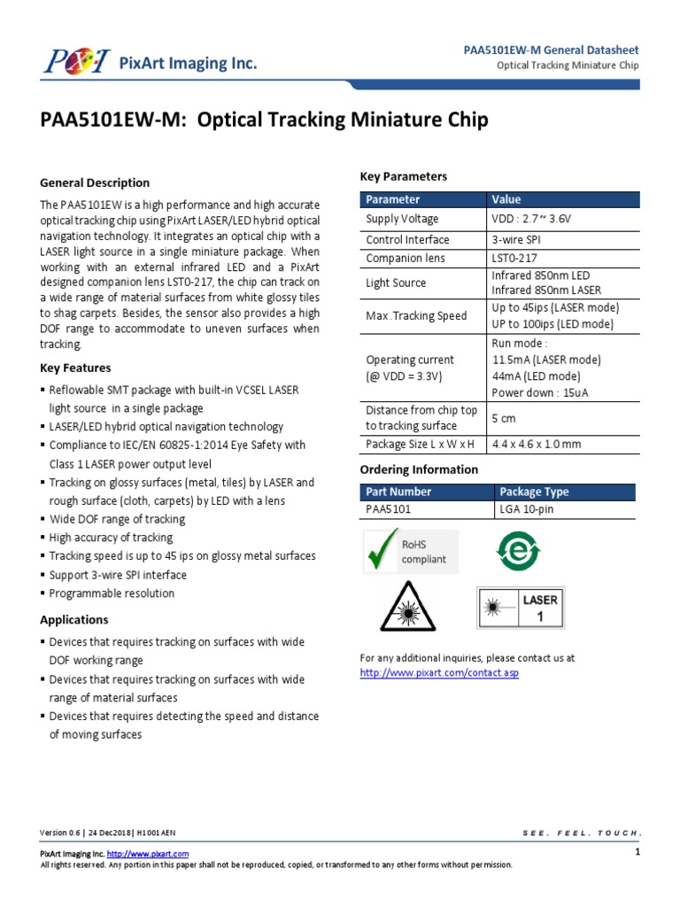 PAA5101EW-M Optical Tracking Chip Datasheet | PDF | Optics | Power Supply
