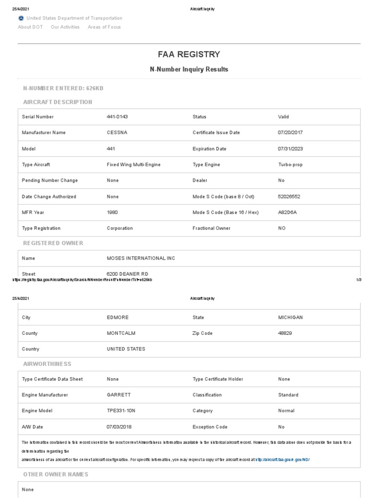 Faa Registry: N-Number Inquiry Results | PDF | Aerospace | Vehicles