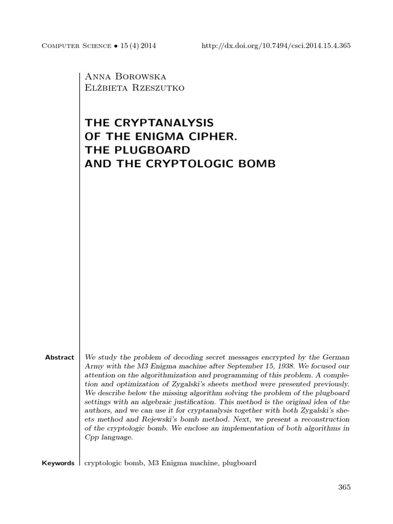 The Cryptanalysis of The Enigma Cipher The Plugboa | PDF | Cryptography ...