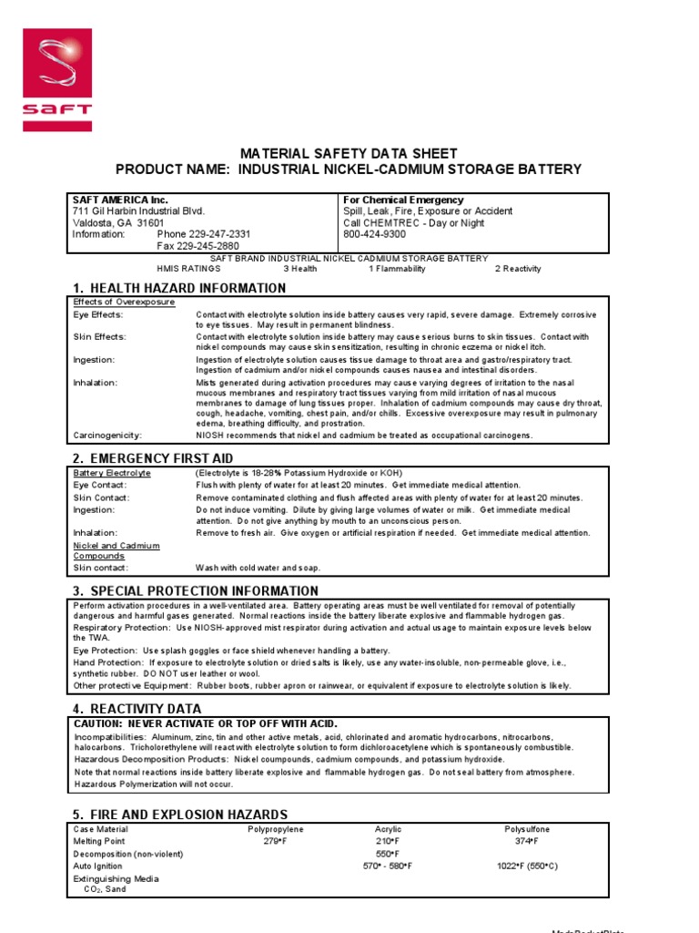 Nickel Cadmium Battery Msds | PDF | Cadmium | Nickel