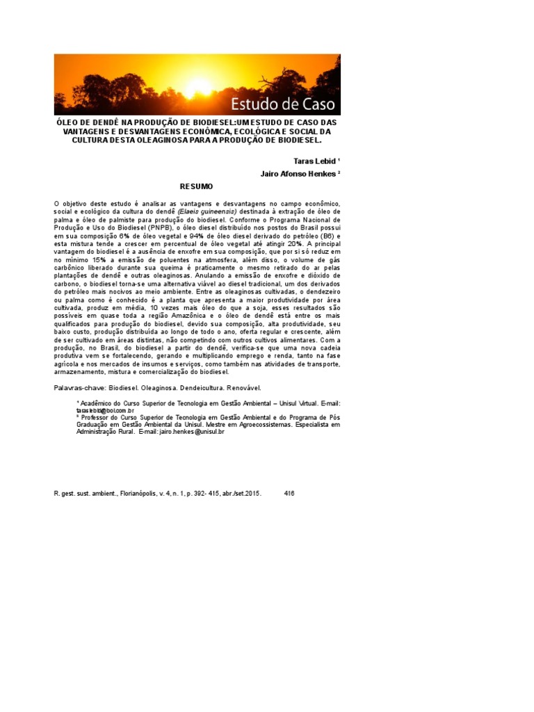 Óleo de Dendê Na Produção de Biodiesel - Um Estudo de Caso Das ... Óleo de Dendê Na Produção de Biodiesel - Um Estudo de Caso Das ...