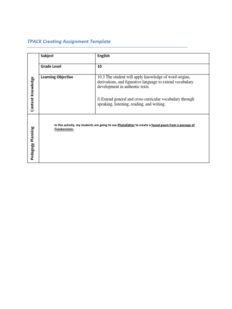 TPACK Creating Assignment Template: Subject English Grade Level 10 ...